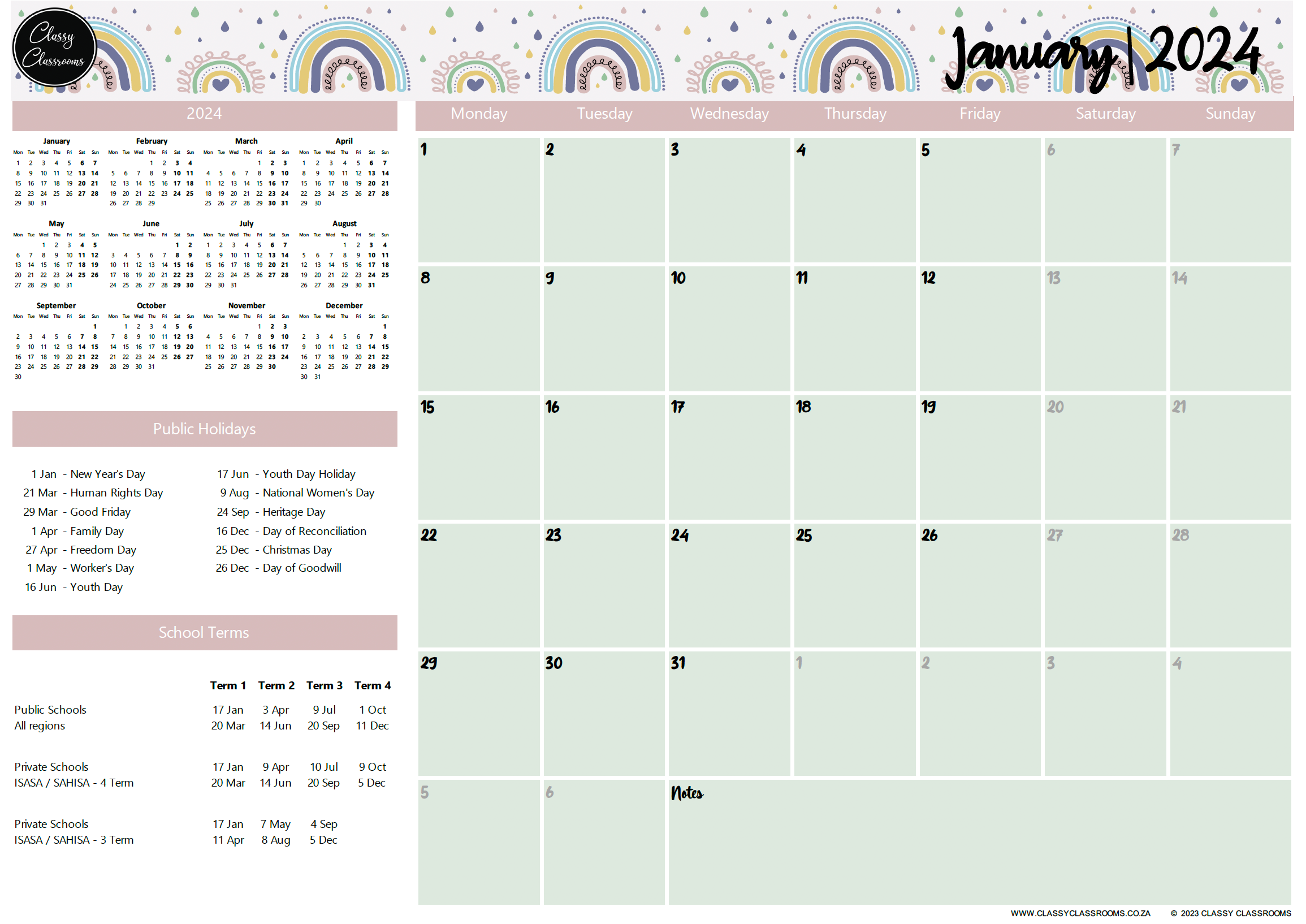 A3 deskpad calendar 2024 - Rainbow boho (light) – Classy Classrooms