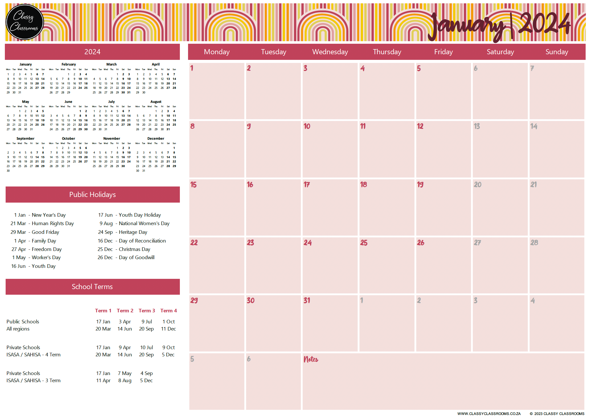 A3 deskpad calendar 2024 - Rainbow – Classy Classrooms