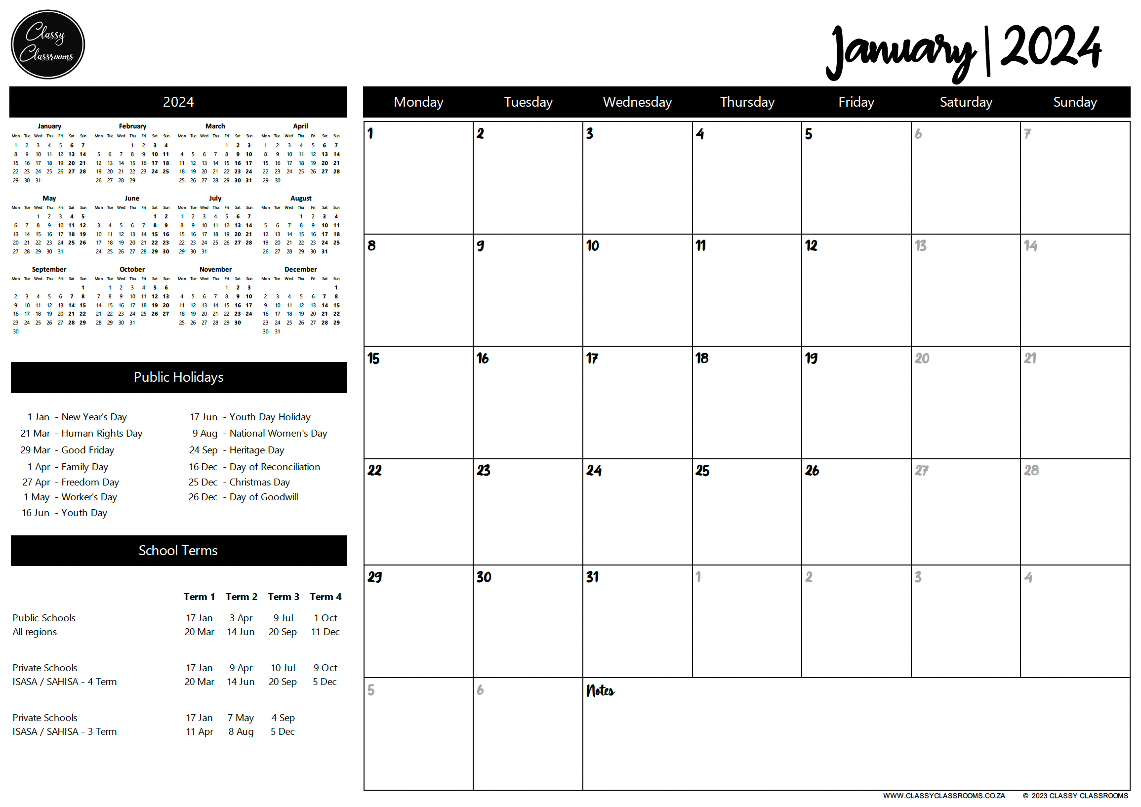 A3 deskpad calendar 2024 - Black and white – Classy Classrooms