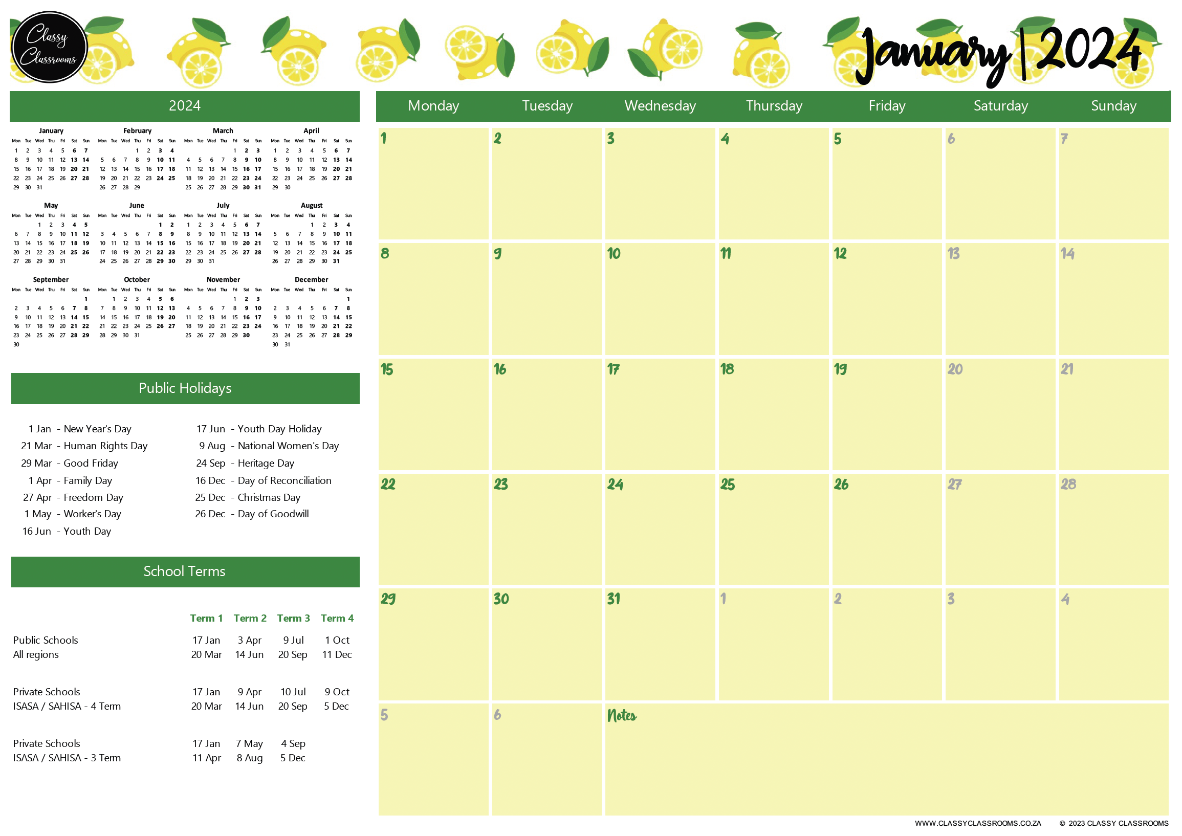 A3 deskpad calendar 2024 - Lemons – Classy Classrooms