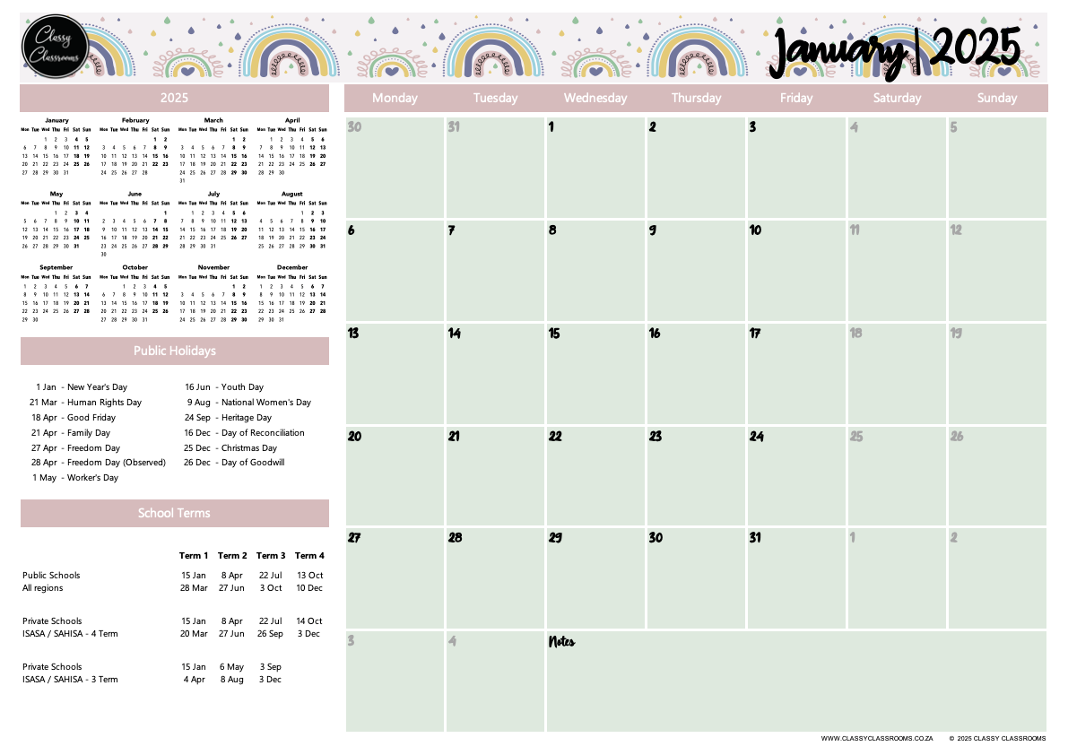 A3 deskpad calendar 2025 - Rainbow boho (light) – Classy Classrooms